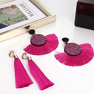 Udalyn 4 Pairs Tassel Earrings for Women Dangle Clip On Earrings Colorful Bohemian Tassel Earrings Statement Earrings Handmade Jewelry Non Piercing Earrings for Sensitive Ears