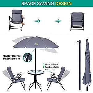 Nice C 3 Piece Patio Dining Set, Garden Outdoor Furniture Table Set with Tilted Removable Umbrella, Glass Table, and 2 Folding Chairs (Grey)