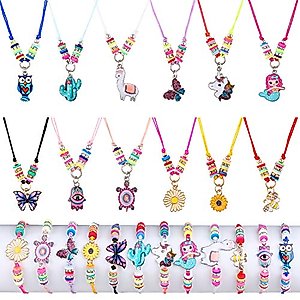 24 Pcs Kids Jewelry for Girls Woven Friendship Bracelets and Necklaces Set with Animal Unicorn Mermaid Butterfly Flower Pendants Gift for Little Girls