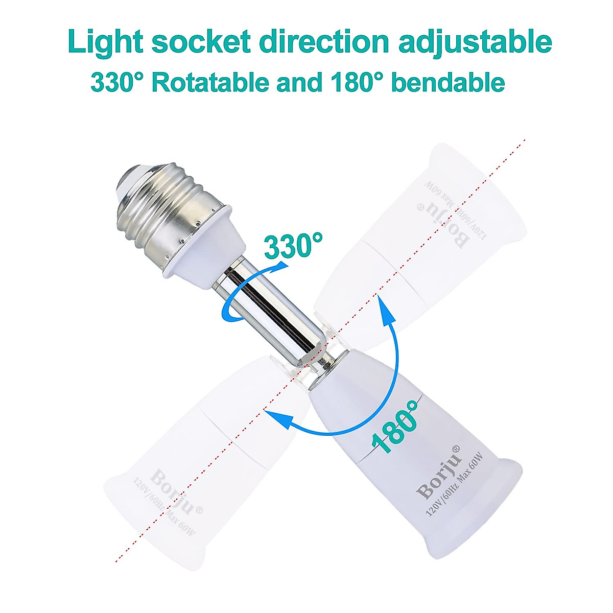 Borju Light Socket Extender [2-Pack], 4.5 Inch Light Socket Extension, 360° Adjustable Light Socket, White
