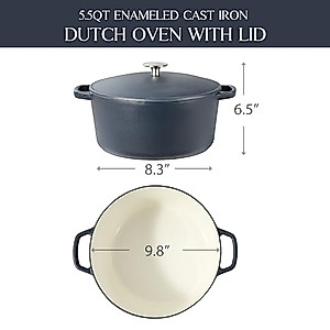 CAROTE 5.5Qt Enamel Cast Iron Dutch Oven Pot With Lid, Oven Safe Up to 500°F, with Large Handle Metal Knob, Cast Iron Pot for Sourdough Bread Stew Roast Braise, Easy Cleaning, Blue