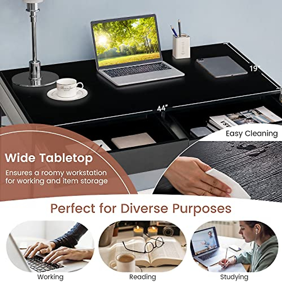 GOFLAME 44 inch Computer Desk with 2 Storage Drawers, Home Office Desk with Steel Frame, Simple Study Writing Workstation, Makeup Vanity Console Table for Living Room, Bedroom & Study (Black)