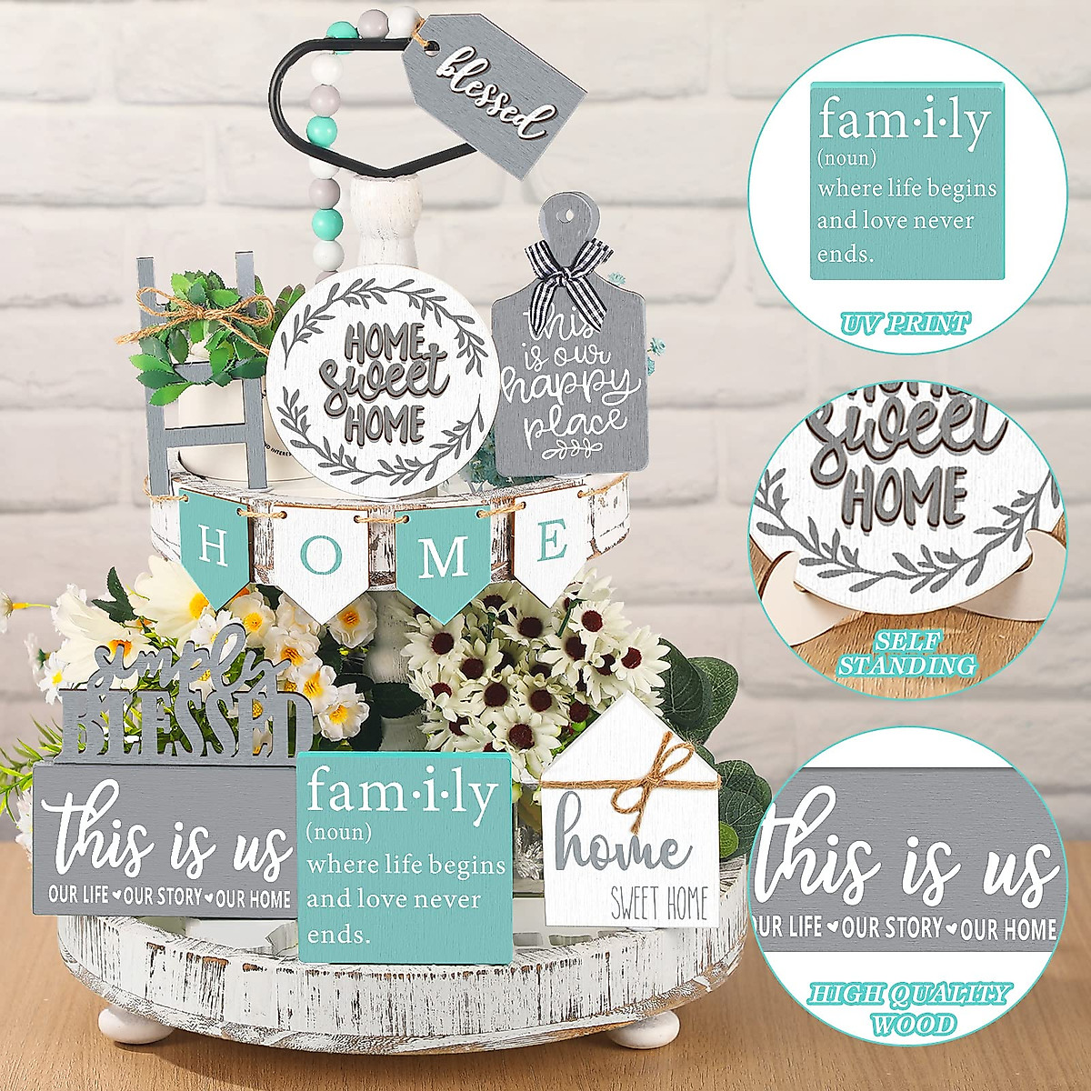 FairySandy 11 Pcs Farmhouse Tiered Tray Decor Home Wood Sign Rustic Simply Blessed Wooden Beads Tiered Tray Decorations Set for Home Kitchen Table