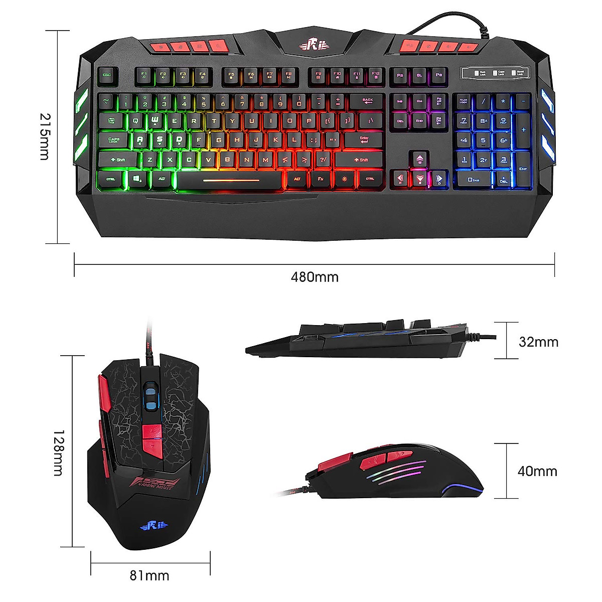 Rii Wired Gaming Keyboard and Mouse Combo,RGB LED Backlight,USB Plug-and-Play for Windows/Mac/Laptop/PC/Laptop,Business Office