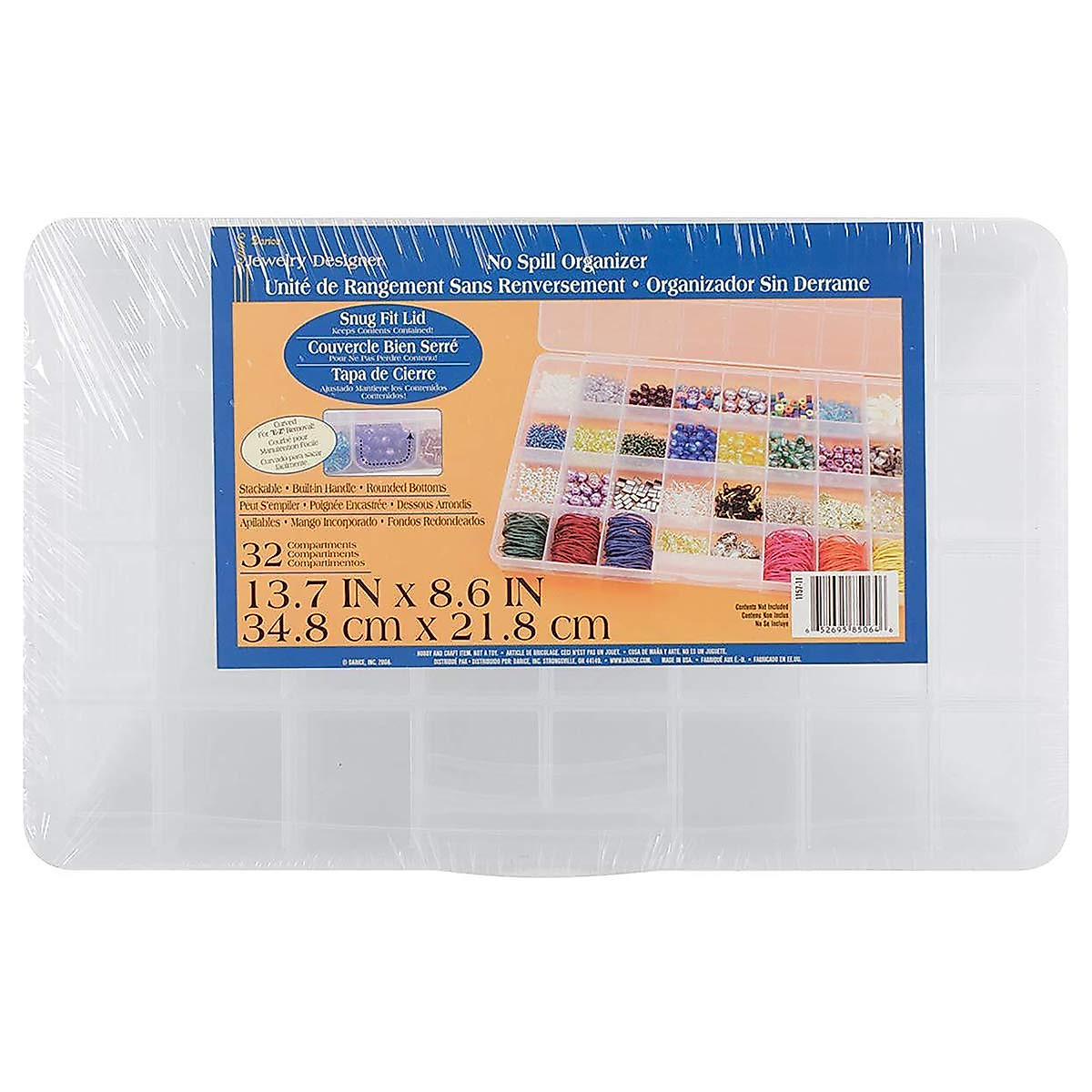 Darice No-Spill Plastic Bead Organizer – Craft Supply Storage Box with 32 Compartments, Stackable Design with Lid, 13.7” x 8.6” x 1.37”