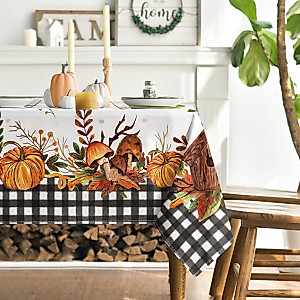 Horaldaily Fall Tablecloth 60x84 Inch Rectangular, Thanksgiving Autumn Harvest Pumpkin Mushroom Black Buffalo Plaid Table Cover for Party Picnic Dinner Decor