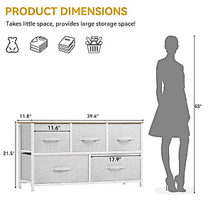 DWVO Dresser TV Stand, Fabric Dresser with 5 Drawers, Dresser for Bedroom, Wide Dresser, Storage Tower, Chest of Drawers for Closet, Living Room, Hallway, Light Grey