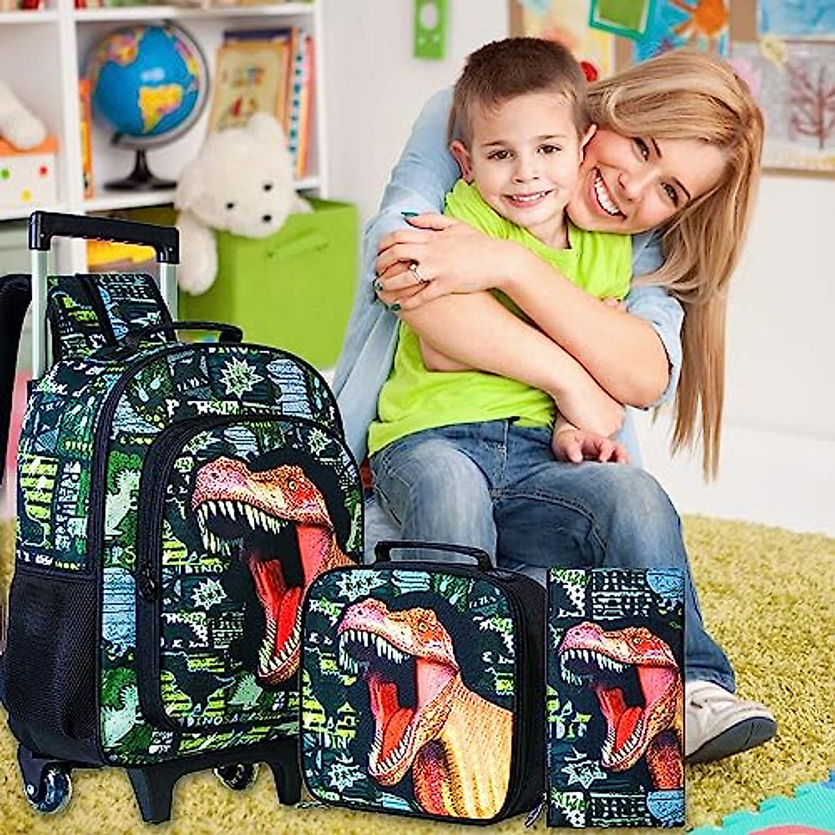 3PCS Rolling Backpack for Boys, Kids Roller Wheeled Dinosaur Bookbag and Lunch Box, Cool School Backpacks with Wheels for Elementary Teen