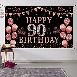 Trgowaul 90th Birthday Decorations Set: Includes Rose Gold Birthday Backdrop Banner 5.9 X 3.6 Fts, Rose Gold Back in 1933 Birthday Poster Acrylic Table Sign with Stand