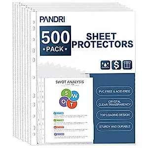 Sheet Protectors, PANDRI 500 Pack Clear Heavy Duty Plastic Page Protectors Sheet Reinforced 11-Hole Fit for 3 Ring Binder Fits Standard 8.5 x 11 Paper, 9.25 x 11.25 Top Loaded, Acid Free
