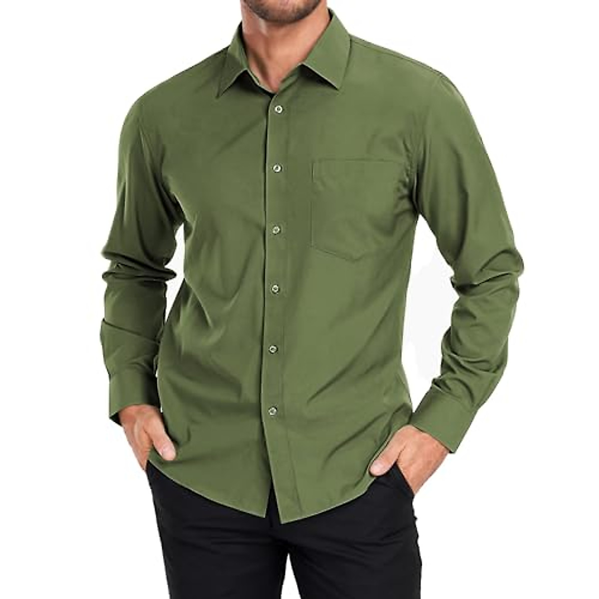 Men's Casual Button-Down Shirt Long Sleeve Regular Fit Dress Clothes Collared Plain Green XL Camisa De Hombre De Vestir