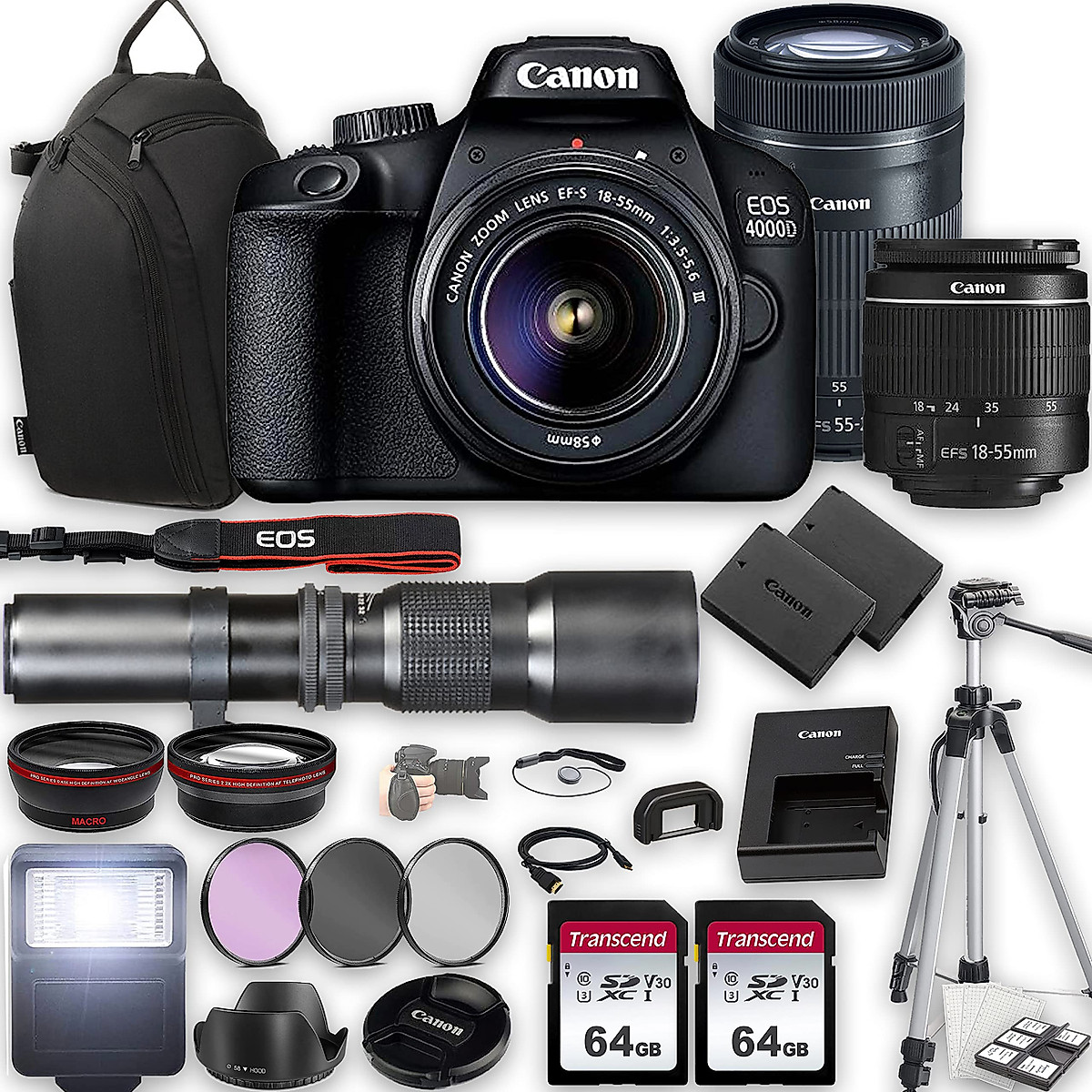 Canon EOS 4000D (Rebel T100) DSLR Camera w EF-S 18-55mm f/3.5-5.6 III + EF-S 55-250mm f/4-5.6 is STM + 500mm f/8 Focus Lenses + 2X 64GB Memory + Case + Filters + Tripod + More (35pc Bundle) (Renewed)