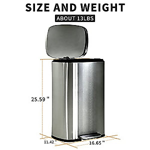 HCY Kitchen Trash Can Stainless Steel Metal Lid Step Can Garbage Can with Removable Plastic Inner Bucket Waste Bin for Office Kitchen Living Room Bathroom Bedroom 13 Gallon 50 Liter