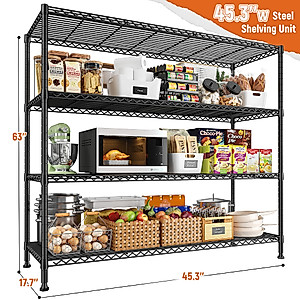 REIBII Storage Shelves 45.3''W Wire Shelving Unit 4 Tier Metal Shelves for Storage Rack Metal Shelving for Pantry Shelves Kitchen Steel Shelving, 45.3''W*63''H*17.7" D