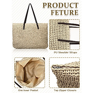 Straw Large Beach Bag for Women's Woven Beach Bag and Beach Hats Set Beach Earring Handmade Shoulder Bag Handbag Bohemia Set(Beige)