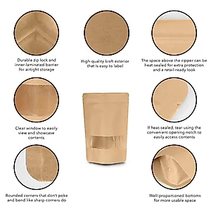 Yuugen Products Kraft Stand-Up Pouch Bags with Clear Window, Zip Lock, and Tear Notch - Reusable, Heat-Sealable | Storage for Food, Non-Food Items, Home and Business - 50 Pcs (4" x 6")