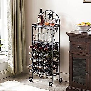 VECELO Metal Wine Rack Hold 20 Bottles with Glasses Holder, Freestanding Floor Bar Storage & Display Shelf for Kitchen Dining Living Room, Black Glass Top