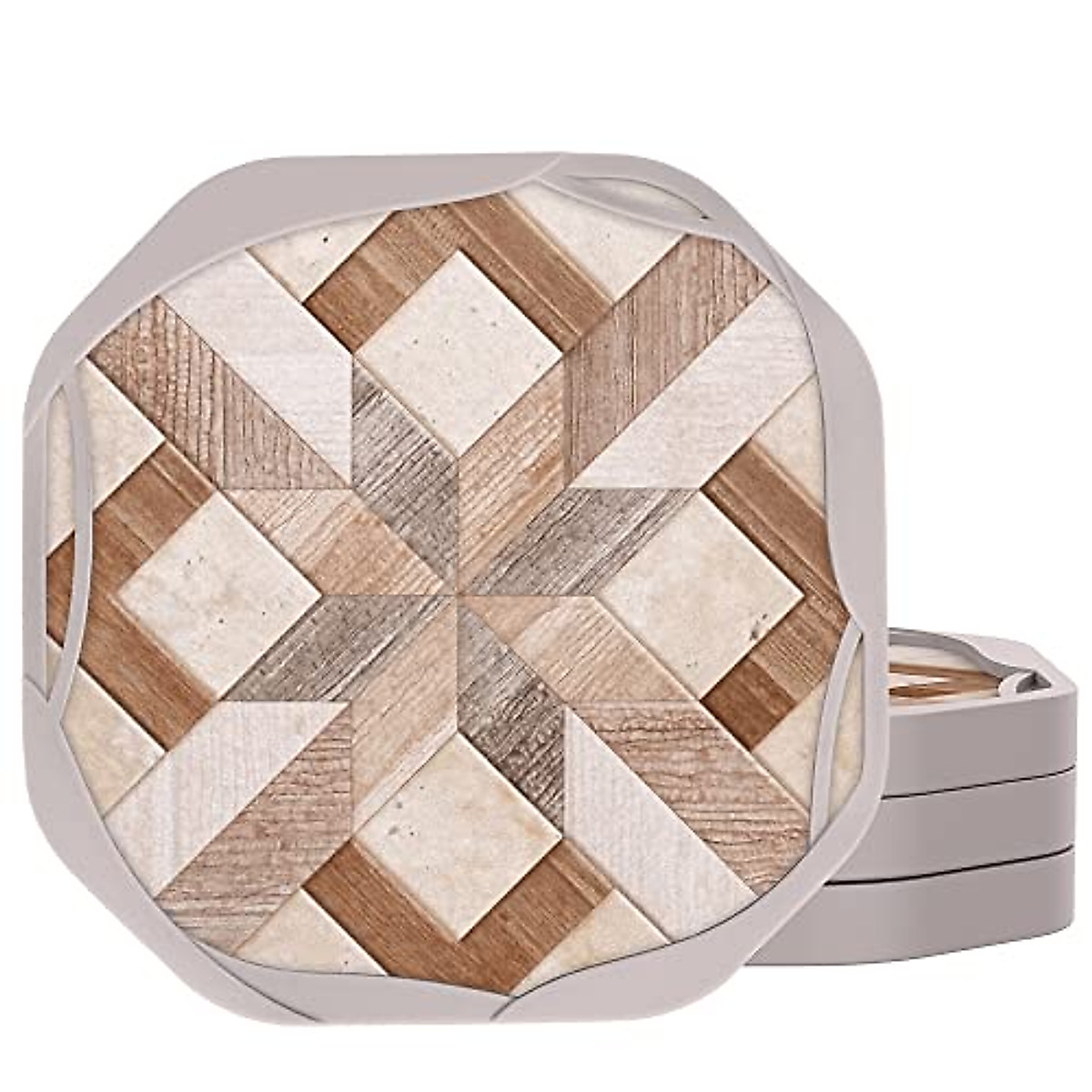 UMIRRO Absorbent Drink Coasters for Wooden Coffee Table Decor, Rustic Country Farmhouse Cup Coasters, Boho Tile Design, Brown, 4", Set of 4