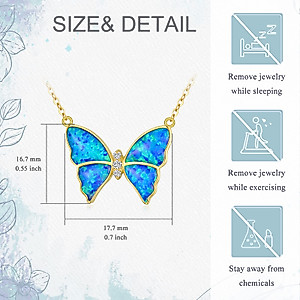 MUUYON 14K Gold Opal Necklace for Women Solid Yellow Gold Blue Opal Butterfly Pendant Necklace with Cubic Zirconia for Ladies Mom Sisters, 16+1+1 Inch