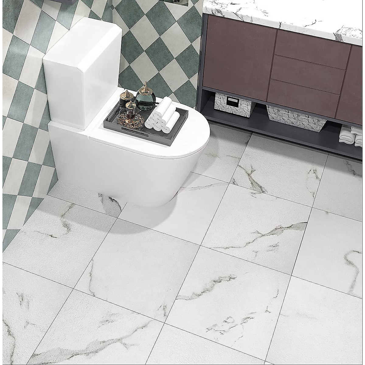 FunStick White Peel and Stick Floor Tile Waterproof 12x12 in Marble Adhesive Vinyl Flooring Peel and Stick Tiles for Bathroom Floor Tile Stickers Kitchen Laundry Room Bedroom Laminate Flooring 5 Pack