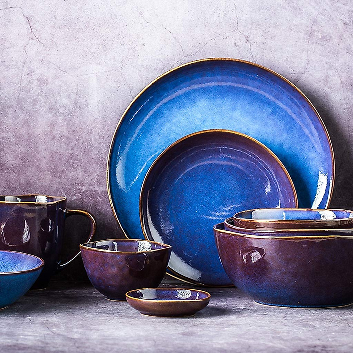 Stylish Dinner Plates,Ceramics Dinner Sets, Plate/Bowl/Mug | 36 Pieces Kiln Glaze Dinnerware - Blue Purple Porcelain Combination Set for Restaurant Family Party Halloween