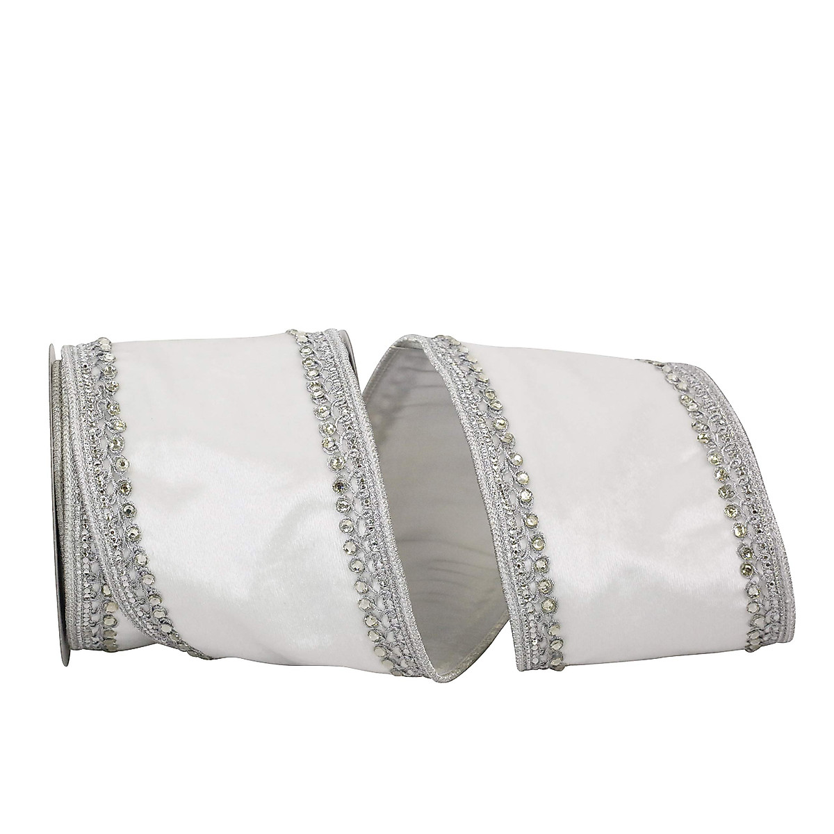 Reliant Ribbon 93440W-981-10D Plush Velvet Jewel Trim Wired Edge Ribbon, 4 Inch X 5 Yards, White/Silver