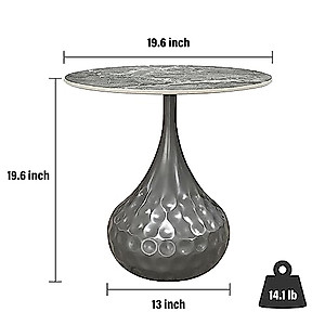 Way2Furn Metal Pedestal End Table, φ19.6 Round Marble Pattern Grey Accent Table with Metal Frame, Coffee Table for Living Room, Bedroom, Balcony, Outdoor, Lounge