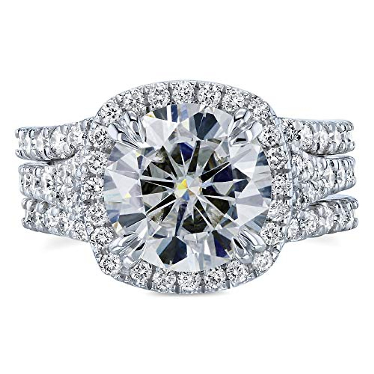 Kobelli Round G-H Moissanite Cushion Halo Bridal Wedding Set 4 1/3 CTW 14k White Gold 3 Piece Set, 9