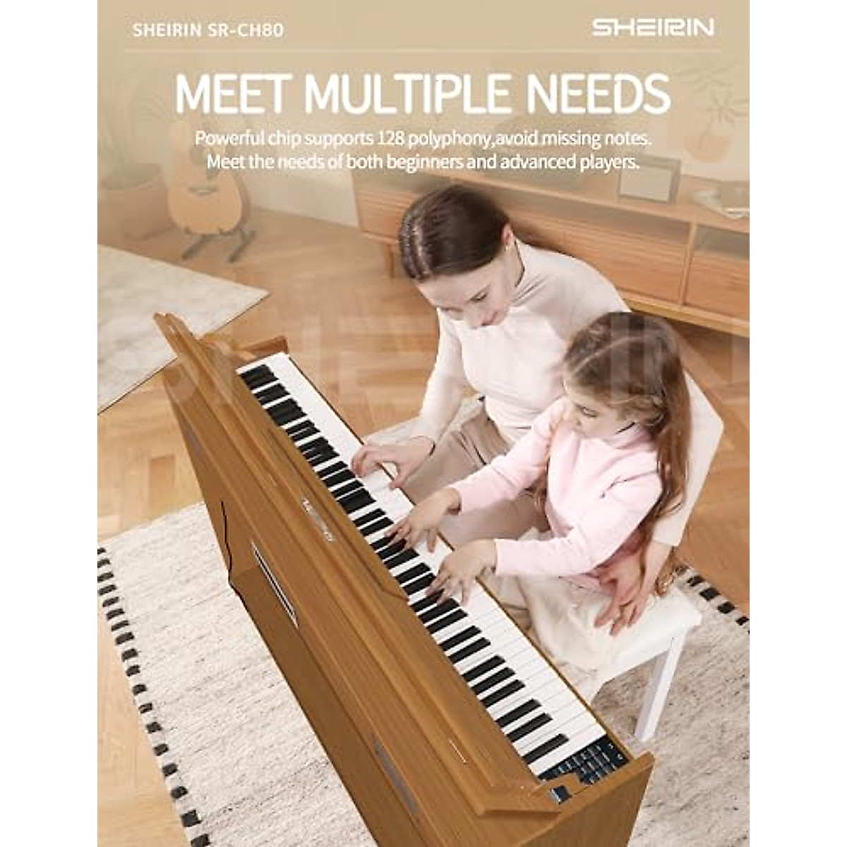 SHEIRIN digital piano 88 key weighted stand cover hammer action electric keyboard pedal full size home professional musical beginners adults instrument self playing MIDI SR-CH80(orange)