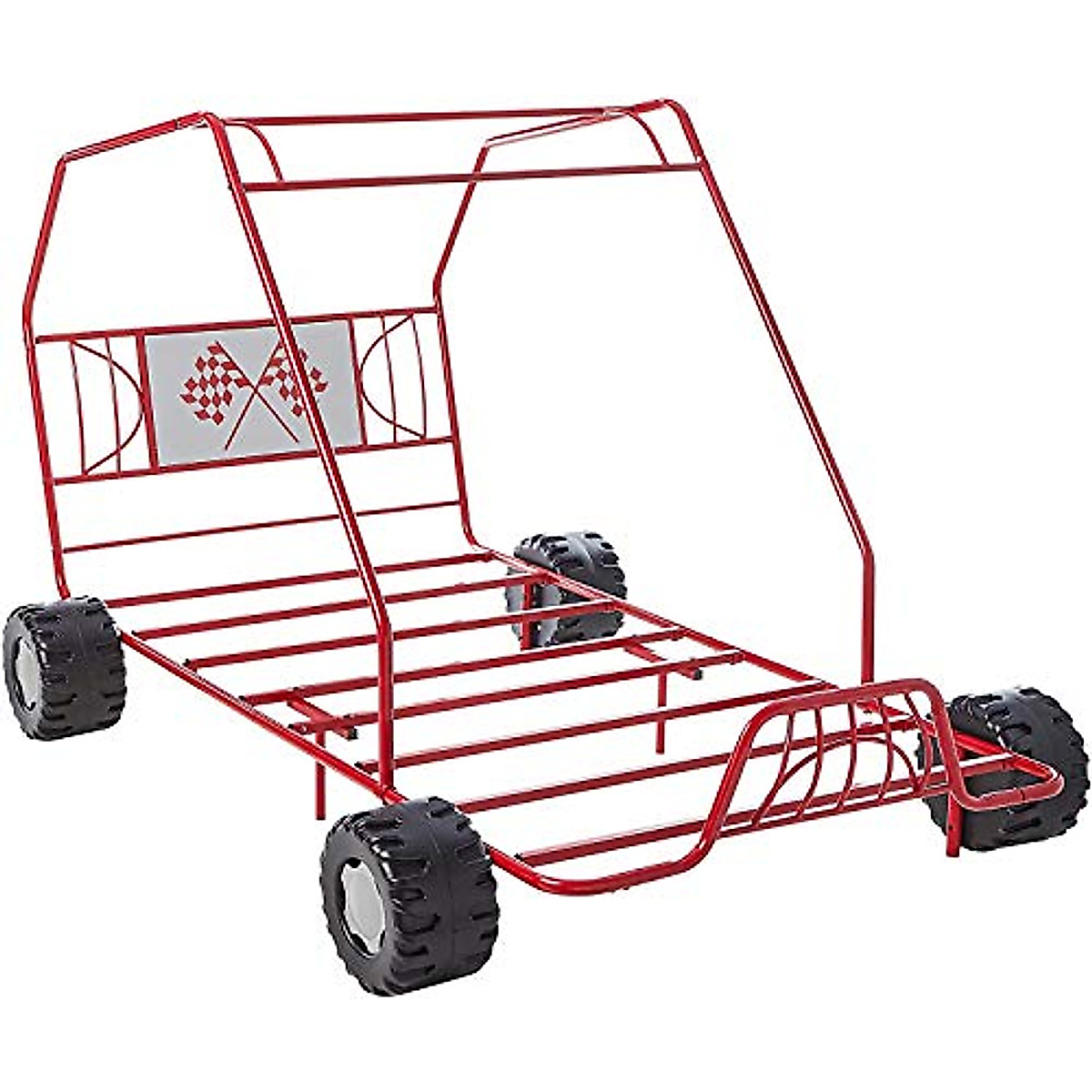 AOCHUANG Metal Twin Car Bed Gunmetal Go Kart Bed, Twin Size Bed Frame with A Racing Flag Decor Headboard/Metal Tube Slat Support/No Box Spring Needed (Red Go Kart)