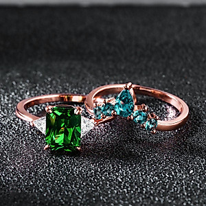 JIANGYUE Emerald Green Ring Rose Gold Plated Emerald Green Cubic Zirconia Engagement Rings for Women Mother Jewelry Size 6