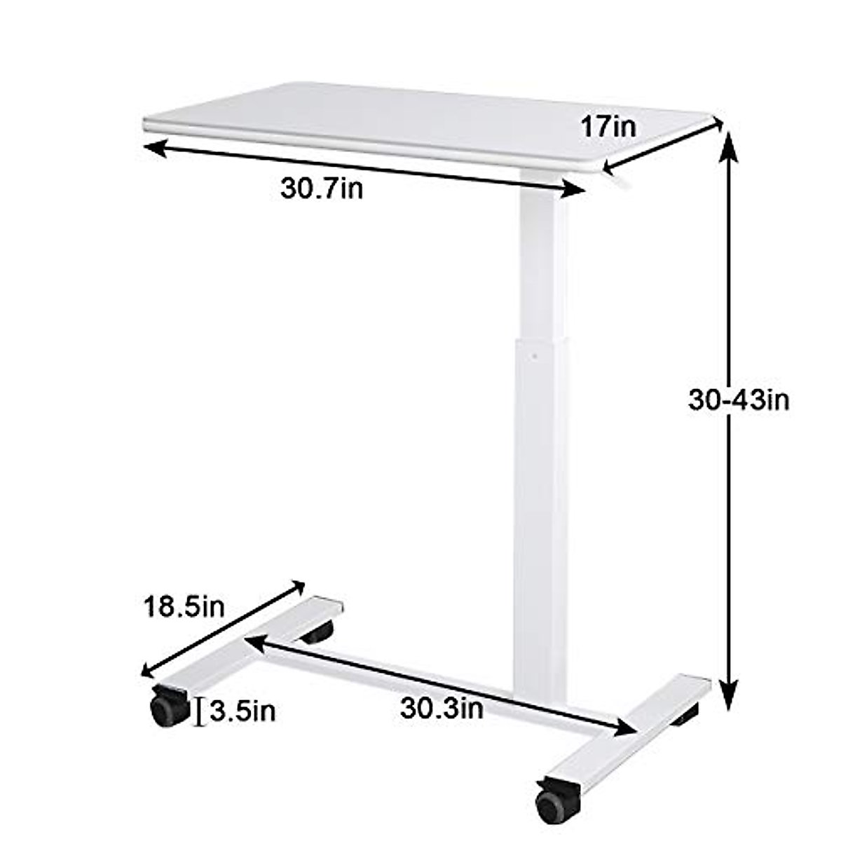 TigerDad Pneumatic Adjustable Overbed Table with Gas Spring Riser | Medical Adjustable Bed Side Table with Wheels | Portable Standing Desk for Laptop Computer with Large Work Space 30.7"x 17"