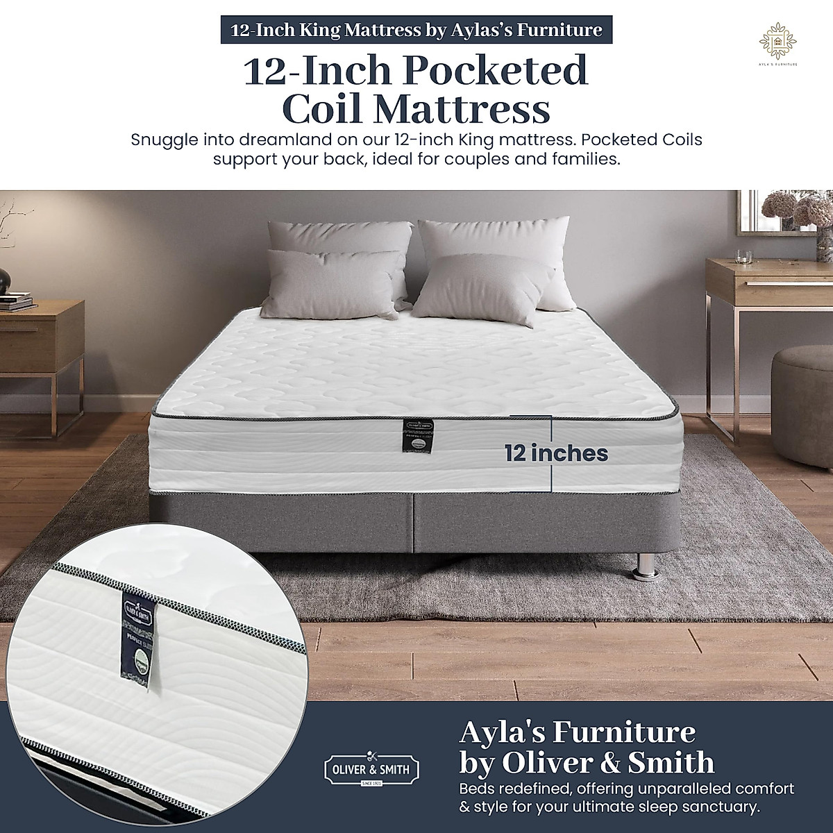 Aylas Furniture King Mattress– 12 Inch Hybrid King Size Mattress with Pocketed Coil Spring with High Density & Comfort Cold Foam - Eco-Friendly, Breathable Mattress King Size Medium Firmn