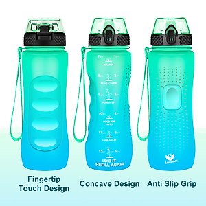 AIDEAMART 24 OZ Motivational Kids Water Bottle With Time Marker,Straw Lid,Leak Proof, Tritan BPA Free Sports Water Bottle Green-Blue(1 Lid)