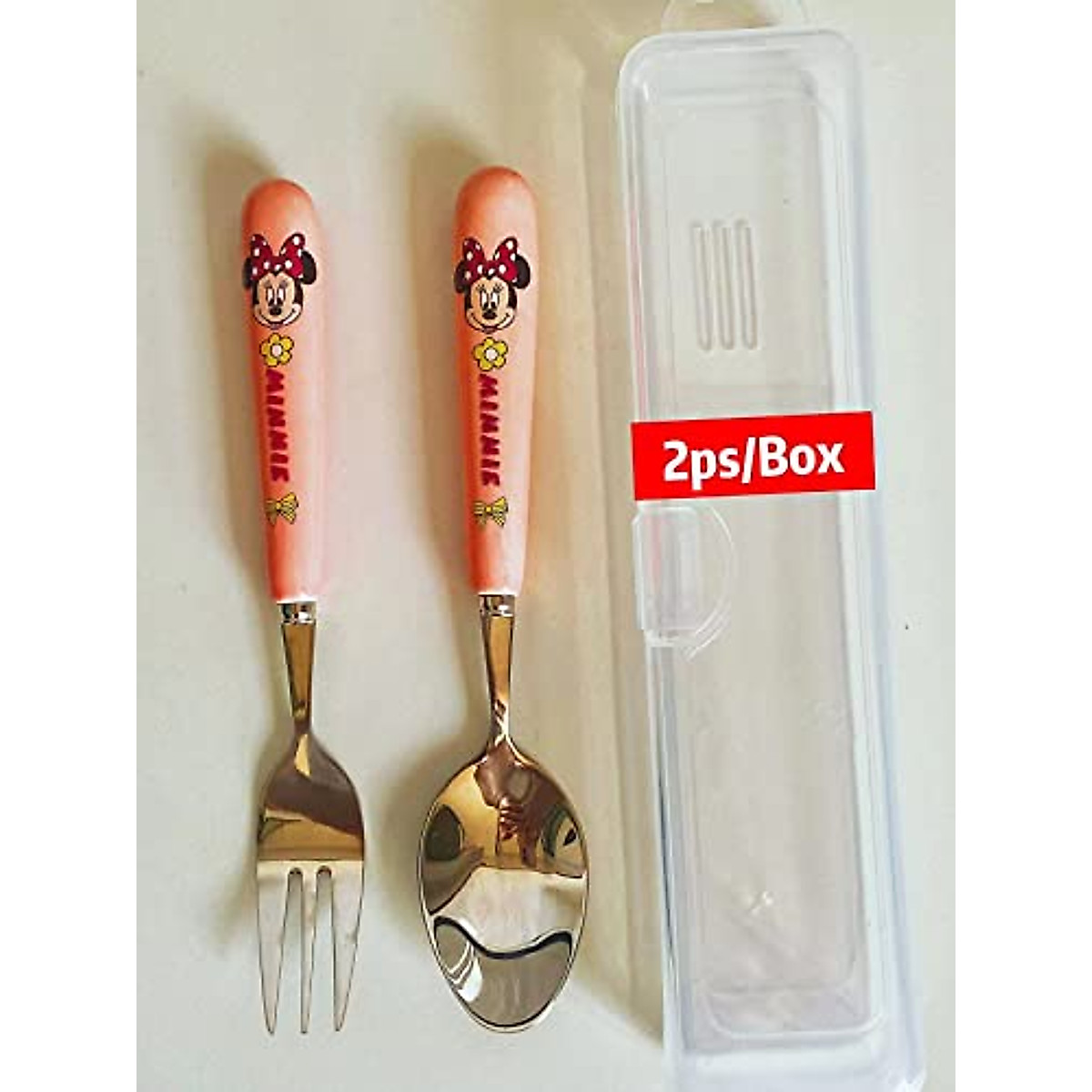 Meet Beauty Ding 1Set Stainless Steel Minnie Spoon Fork Set Pink Kid's Flatware with A Container Girl Children's Tableware Female Student's Cartoon Dinnerware Meal Tool（Made in China