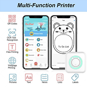 Portable Pocket Printer, Mini Bluetooth Thermal Mobile Printers with 10 Rolls Printing Paper and 5 Colored Pens Compatible with Android iOS, Inkless Printing Gift for Study Office Receipt Photo Notes