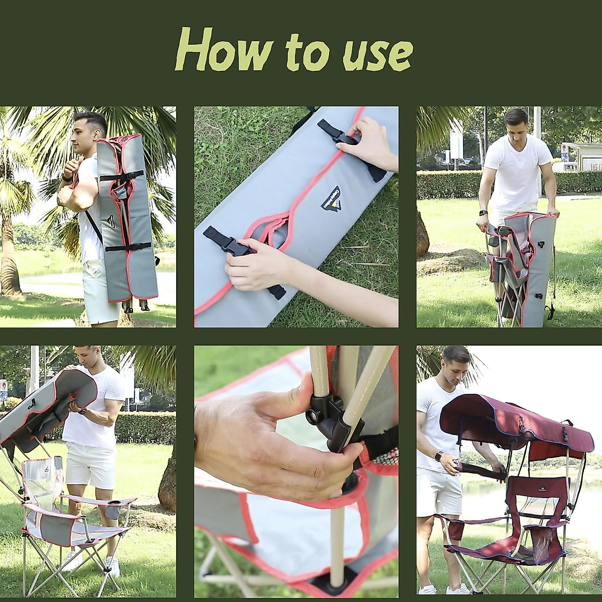 Camping Brothers Camping Chair with Full Sun Protection Canopy - Outdoor Folding Patio Chair with Adjustable Shade, Cup Holder, Side Pockets - Heavy Duty Steel Frame Supports 330 lbs (Army Green)