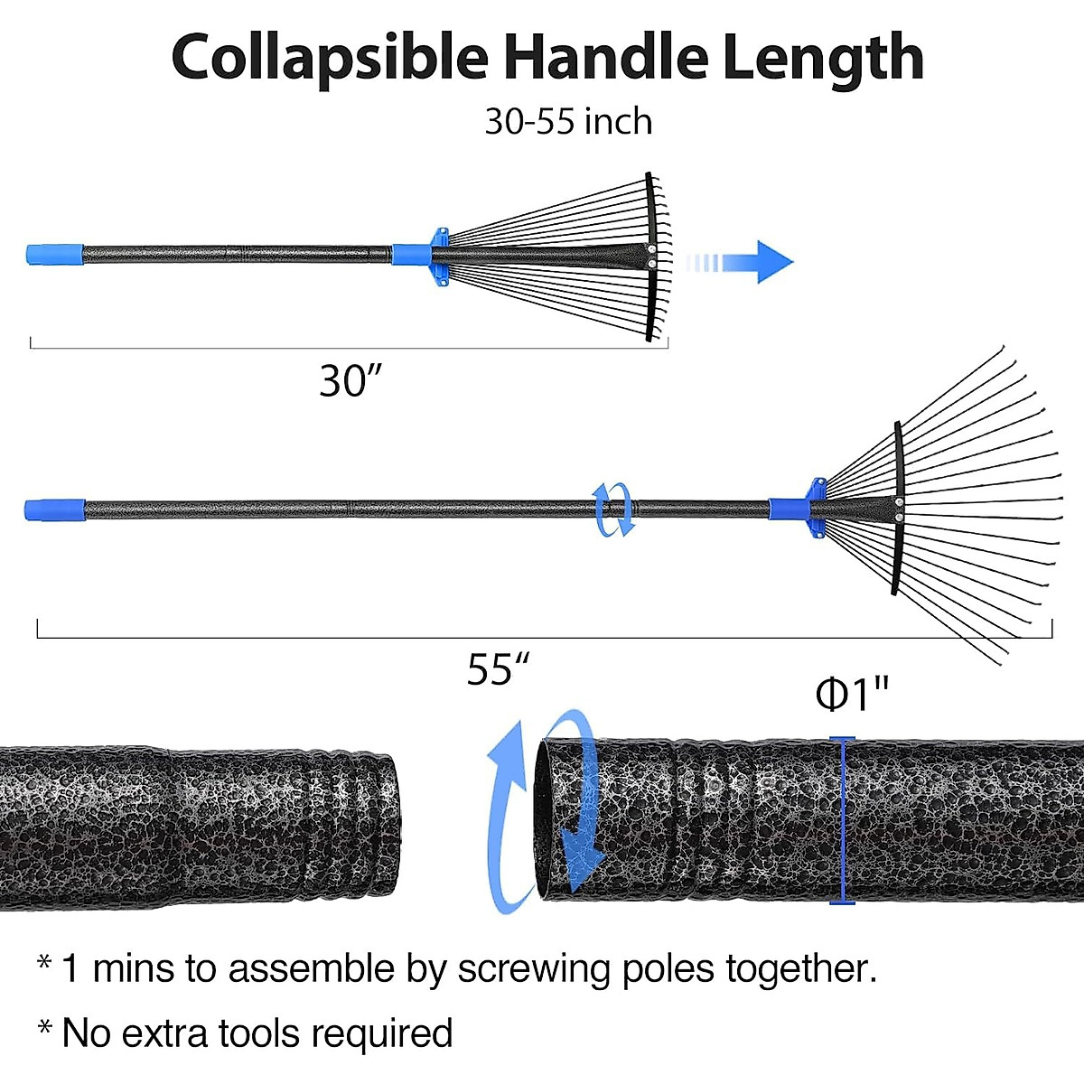 Adjustable Metal Leaf Rake Long Handle, Garden Rakes for Lawns Heavy Duty Leaves with Expandable Head 8-17", Yard Women Kids Rake for Gardening RV Camping