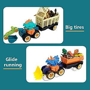 Dinosaur Truck Toys, 2 Pack Dinosaur Truck Carrier Playset with 11pcs Mini Dinosaur Figures, Dinosaur Transport Truck Playset Birthday Party Gifts for Kids