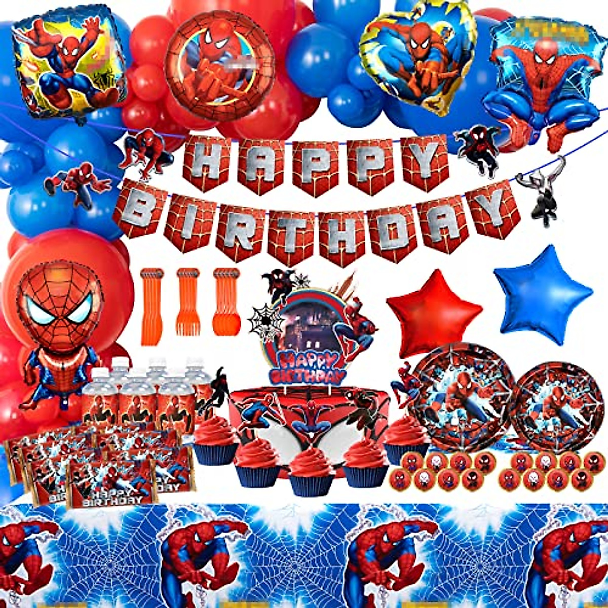 Spider Birthday Decorations,210pcs Birthday Party Supplies Include Happy Birthday Banner,Tableware Set,Tablecover,Cake Toppers,Cupcake Toppers,Foil Balloons,Latex Balloons Set,Bottle Labels,Chocolate Stickers