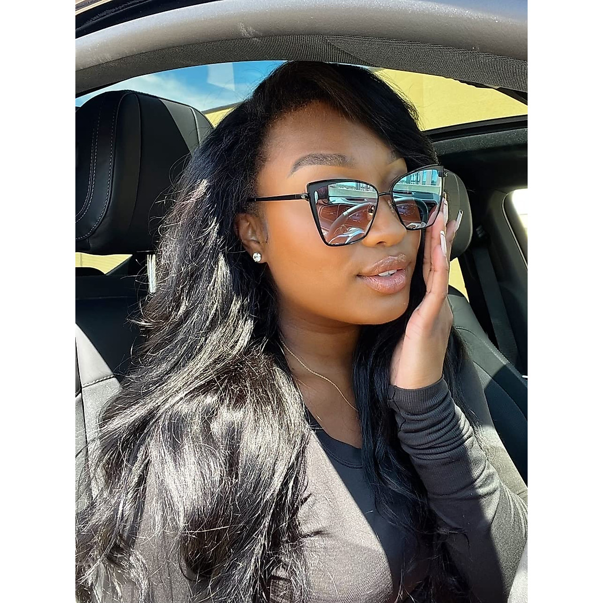 DIFF Becky Designer Oversized Cat Eye Sunglasses for Women UV400 Protection, Black + Flash Grey Gradient mirror