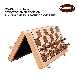 AMEROUS Magnetic Wooden Chess Set, 15 Inches Handmade Wooden Folding Travel Chess Board Game Sets with Chessmen Storage Slots for Kids and Adults, 2 Bonus Extra Queens, Gift Box Packed