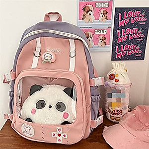 Aoakva Kawaii Backpack Comes with Huge Kawaii Panda Doll and 4 Kawaii Patches Cute for Teen Girl Boy Students (Pink+Purple)