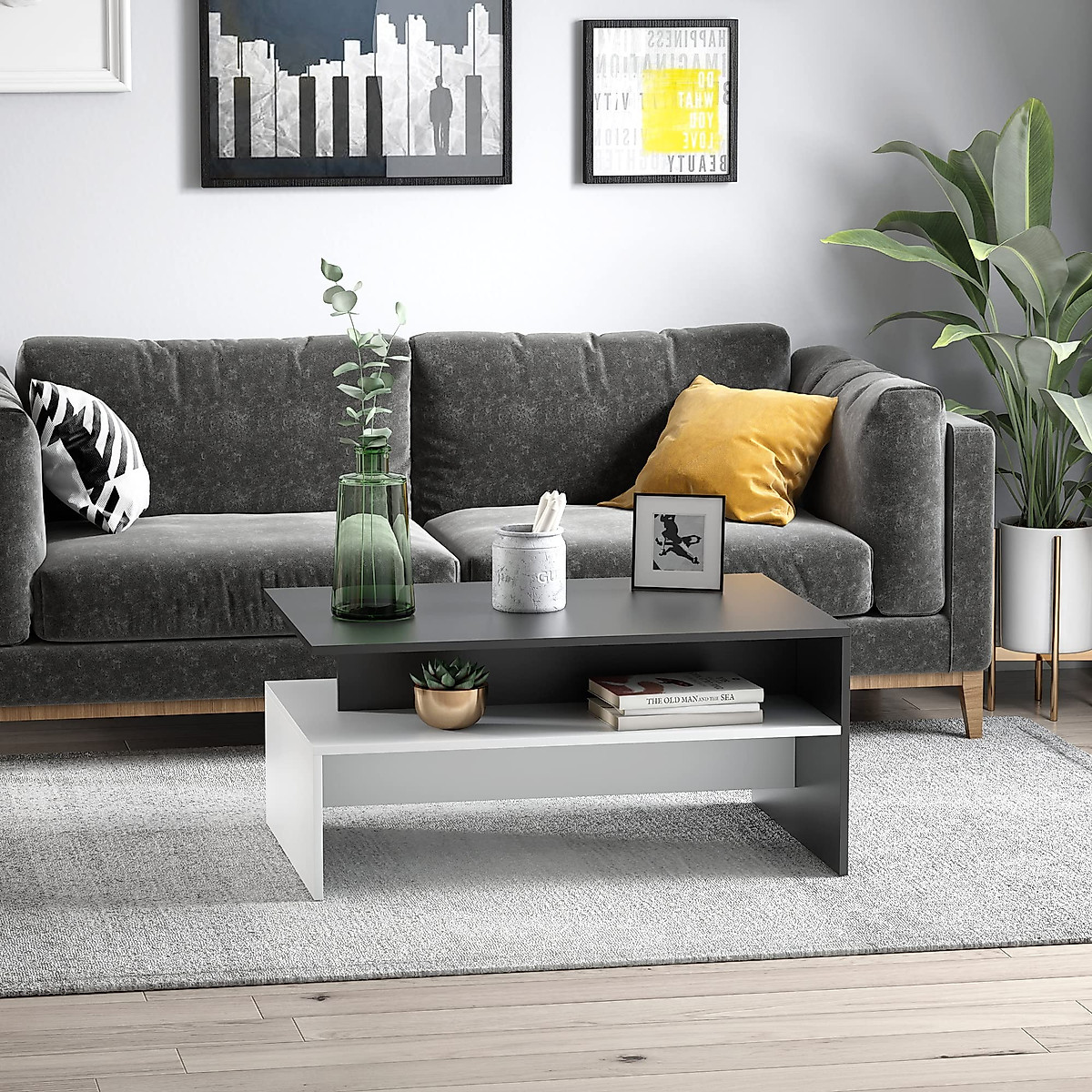 HOMCOM Modern Coffee Table, 2-Tier Rectangular Center Table with Storage Shelves for Living Room, Black/White