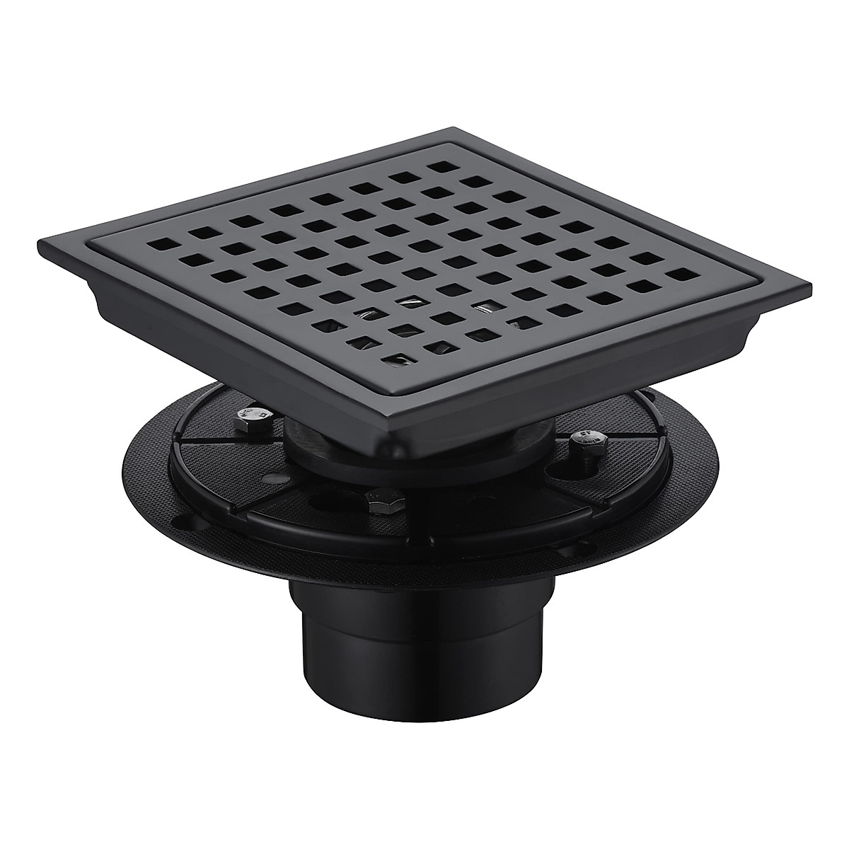BIHAI 6 Inch Square Shower Drain with Flange, 15cm Matt Black Bathroom Floor Drain, Quadrato Pattern Grate Removable Cover, Bath Drain, Wall Drain, Stainless Steel Drain (Mat Black)