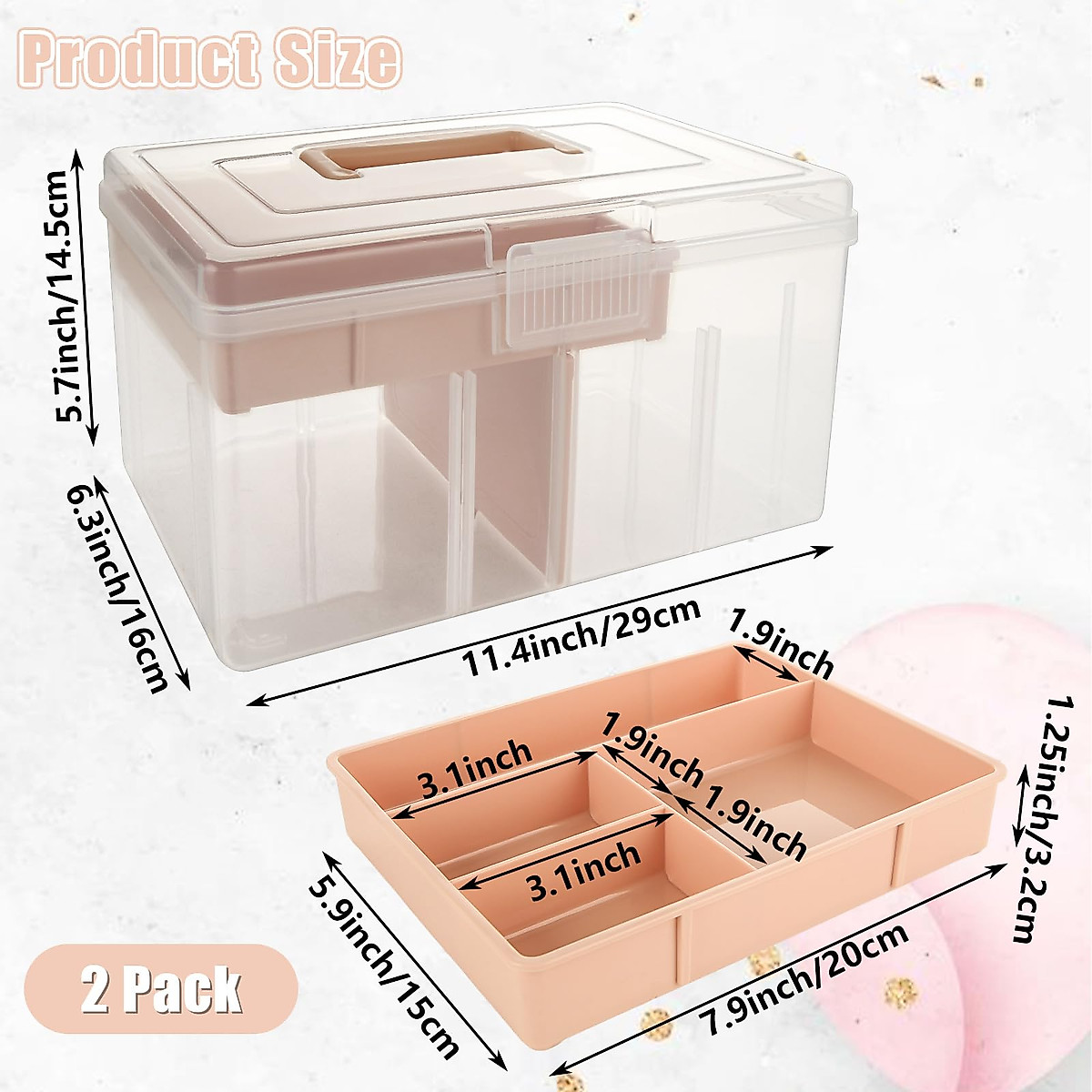 CYEAH 2 Pcs 2 Layer Clear Plastic Dividing Storage Box with Removable Tray, Multipurpose Storage Box with Handle, Craft Organizers and Storage Clear Storage Container for Art Craft Sewing Supplies