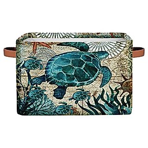 KOBLEN Sea Ocean Turtle Storage Basket Collapsible Storage Bins Large Fabric Organizer Storage Cubes Foldabe Storage Box with Handle for Shelf Home Closet Organziers