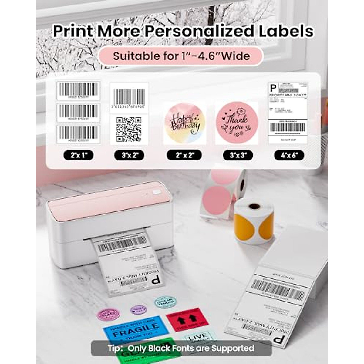 Memoqueen Bluetooth Thermal Label Printer 4X6 - Wireless Shipping Label Printer for Shipping Packages and Small Business, Compatible with iOS and Android, for USPS, Etsy Amazon Shopify，Pink and White