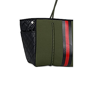 Haute Shore - Greyson Avenue Neoprene Tote Bag w/Zipper Wristlet Inside, Army W/Black & Red Stripe