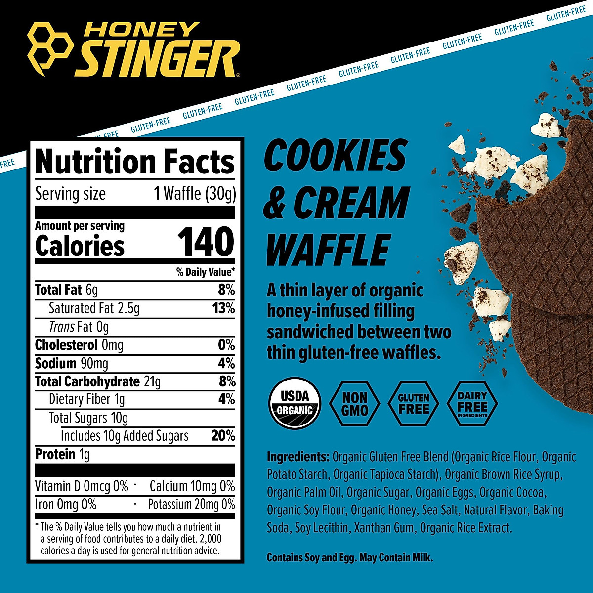 Honey Stinger Organic Gluten Free Cookies & Cream Waffle | Energy Stroopwafel for Exercise, Endurance and Performance | Sports Nutrition for Home & Gym, Pre and Post Workout | 12 Waffles, 12.72 Ounce